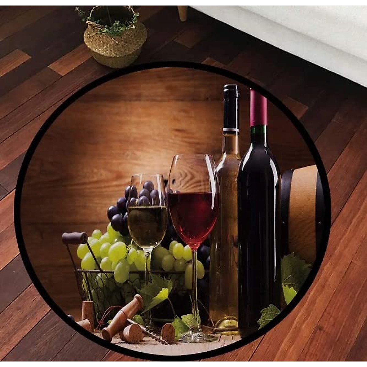 Wine Style Round Area Rug Floor Kitchen Carpet, Glasses of Red and White Wine Served with Grapes French Gourmet Tasting Decorative, Washable Indoor Doormat Pad Home Decor