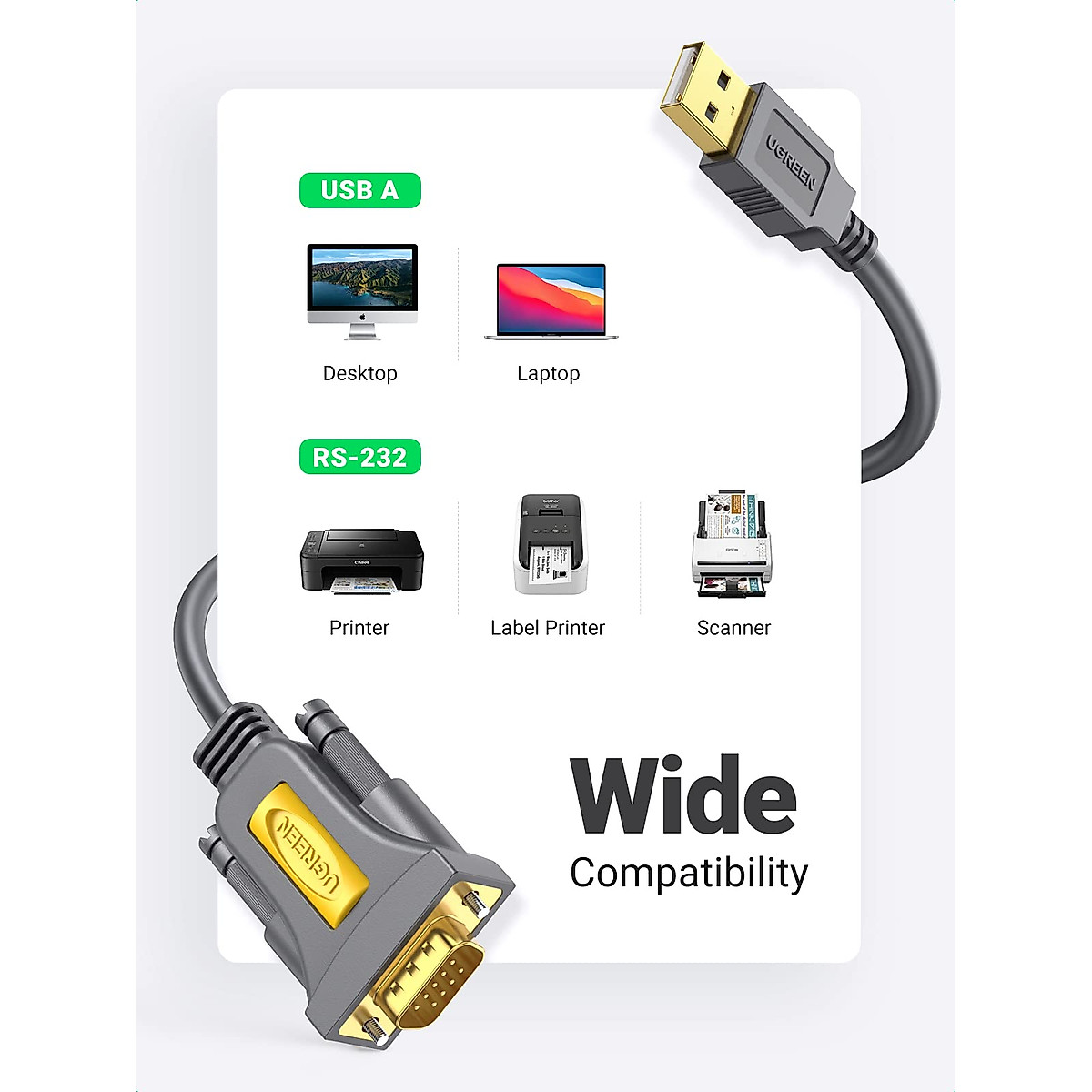 UGREEN 6ft USB to Serial Adapter, Serial to USB Adapter DB9 Male 9 Pin with PL2303 Chipset, PVC jacket, RS232 to USB Cable for Windows 11 10 8.1 8 7 XP Vista, Mac OS, Linux