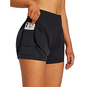 BALEAF Women's Workout Running Shorts 2 in 1 Spandex High Waisted 3" Athletic Shorts with Liner Pockets Black S
