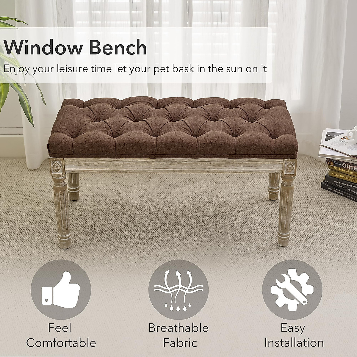 LOULENS French Vintage Bench, Linen Fabric Entryway Bench, Upholstered Tufted End of Bed Bench with Brushed Wood Legs, Brown