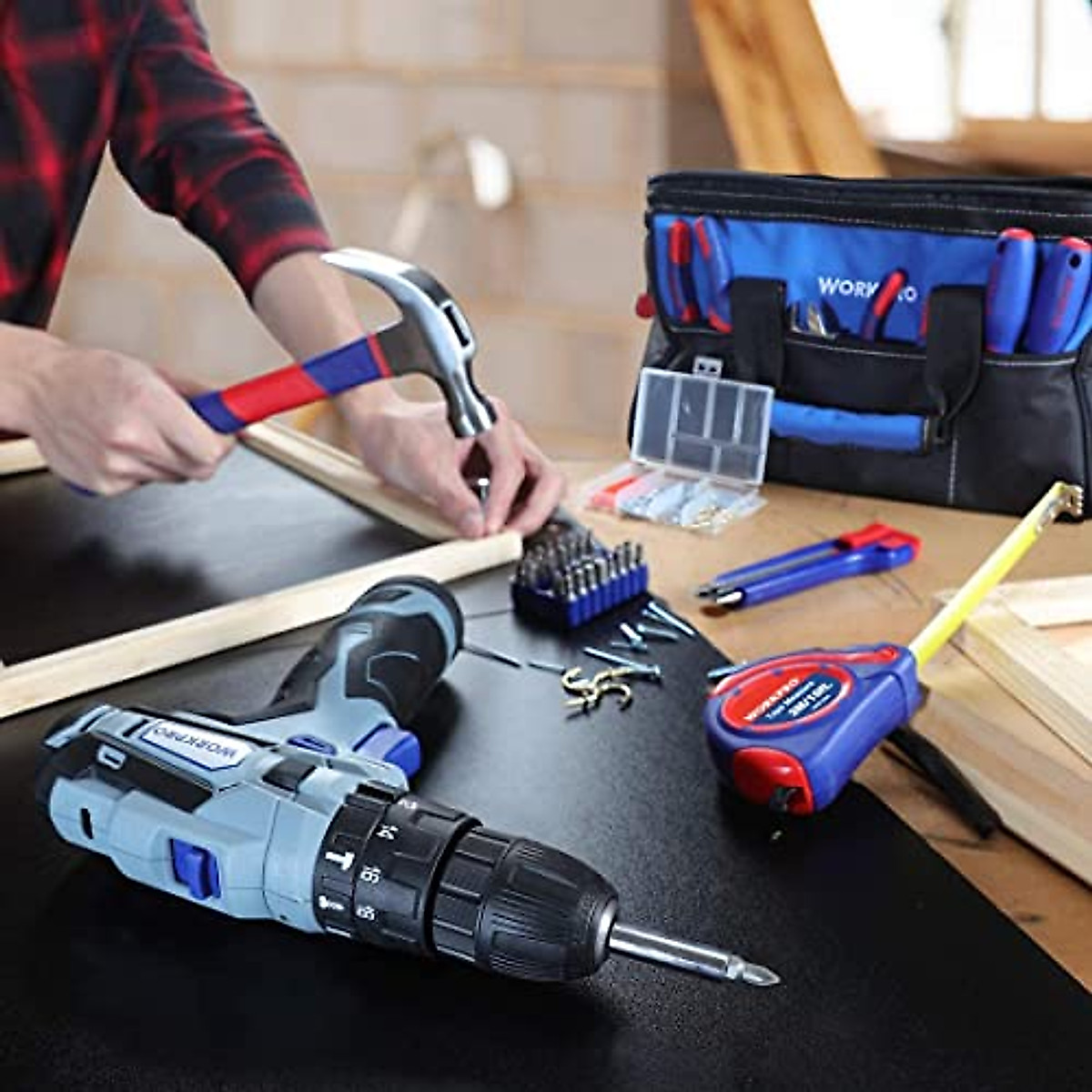 WORKPRO 12V Cordless Drill and Home Tool Kit, 177 Pieces Combo Kit with 14-inch Tool Bag