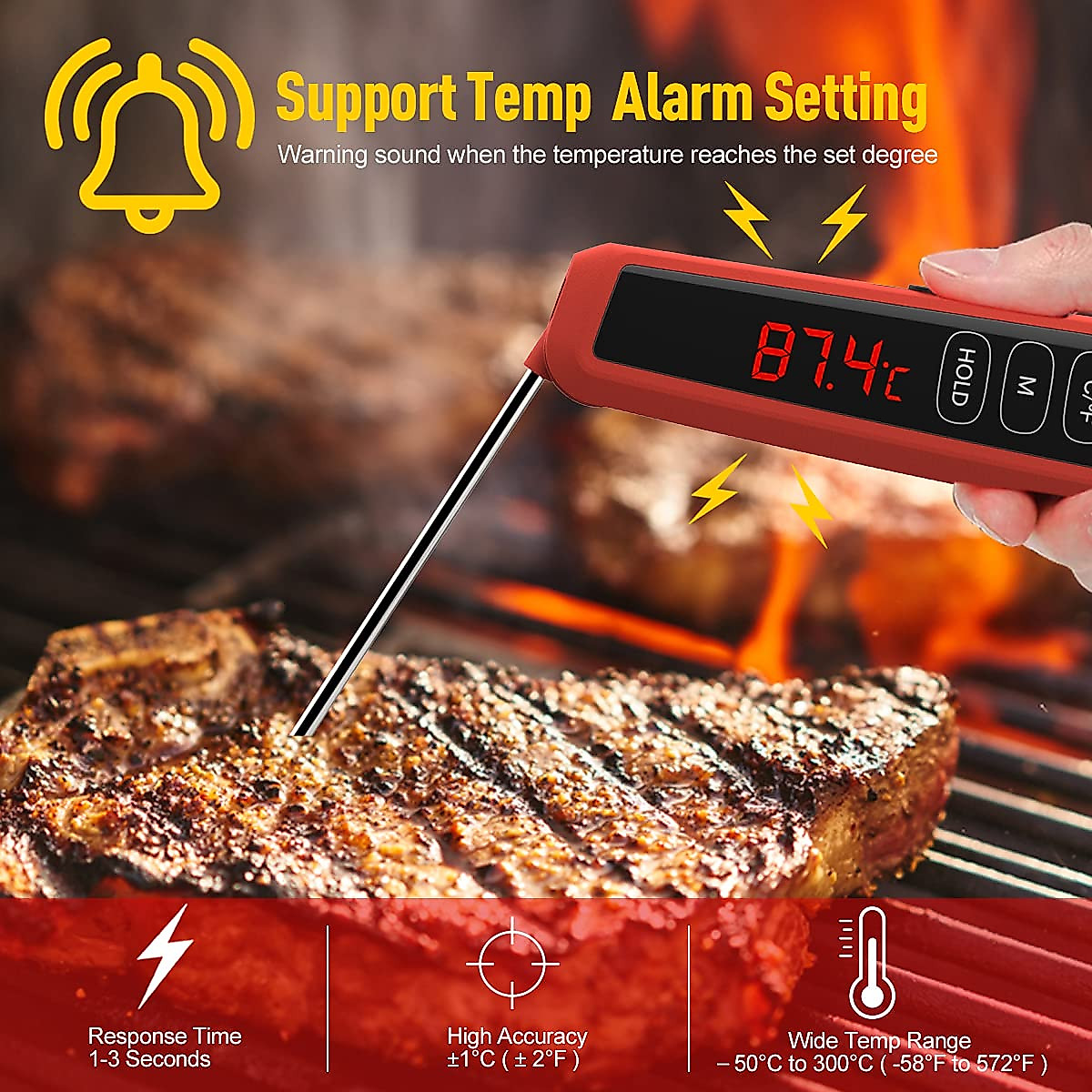 Digital Instant Read Meat Thermometer for Kitchen, Waterproof & Ultra Fast Thermometer with Backlight & Foldable Probe for Outdoor Cooking, Deep Fry, Grilling, BBQ, Gift (Red)