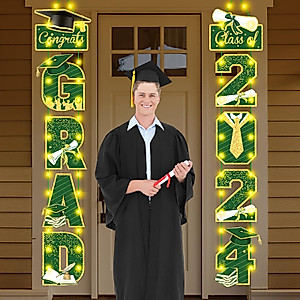 Graduation Party Decorations Green Gold Grad 2024 Porch Sign Door Banner with LED Light Class of 2024 Congrats Grad Banner Congratulation Party Hanging Sign for High School Graduation Party Decor