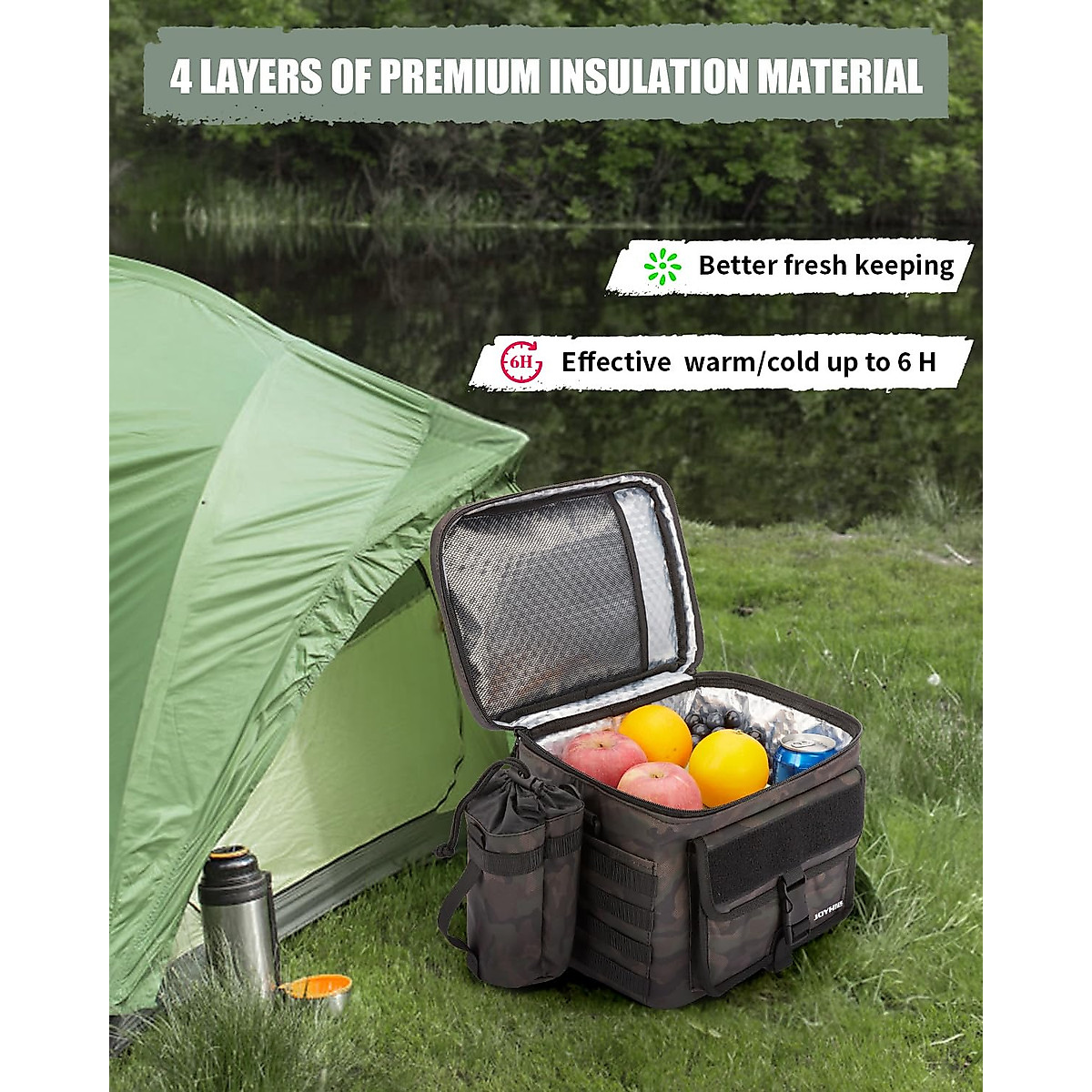 JOYHILL Tactical Lunch Box for Men, Insulated Lunch Bag with Detachable Bottle Pouch Holder, Medium Durable Thermal Cooler Bag,Modern Leakproof Bag for Work, Camping, Picnic,Green,13L/18 Can