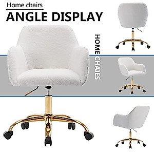Modern Teddy Home Office Chair, Upholstered Cute Desk Chair with Gold Metal Legs, Adjustable Swivel Task Chair with Wheels, Vanity Chair for Girls Women Small Space Bedroom Study Makeup, White