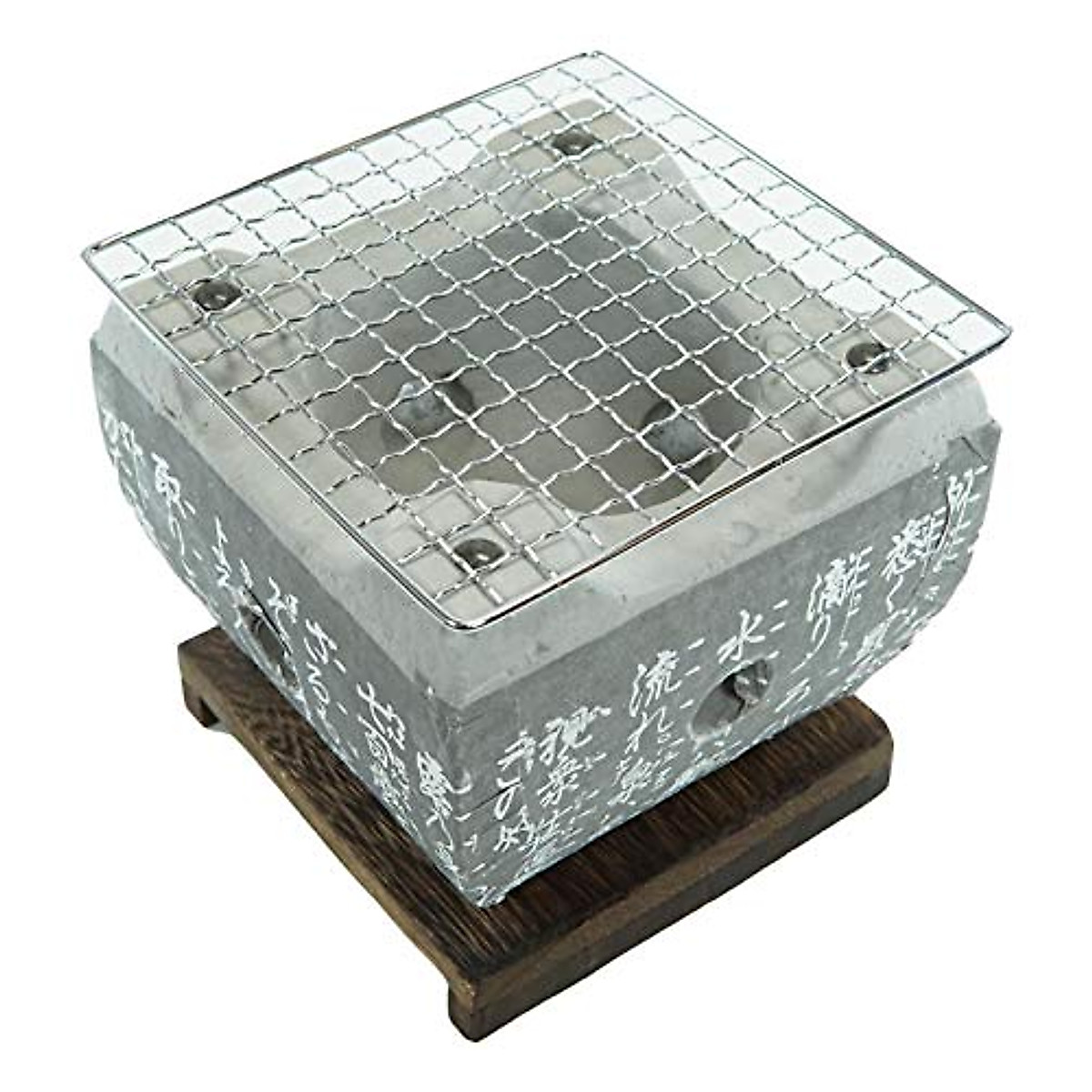 Ebros Gift Japanese Cuisine Tabletop Shichirin Konro Compact Movable Charcoal Grill BBQ Cooking Stove With Stainless Steel Wire Mesh Grill And Wooden Base For Yakitori Hibachi Yakiniku (Gray Black)