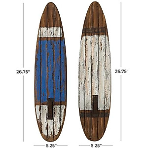 Deco 79 Wood Surfboard Wall Hook, Set of 2 6" W, 27" H, White