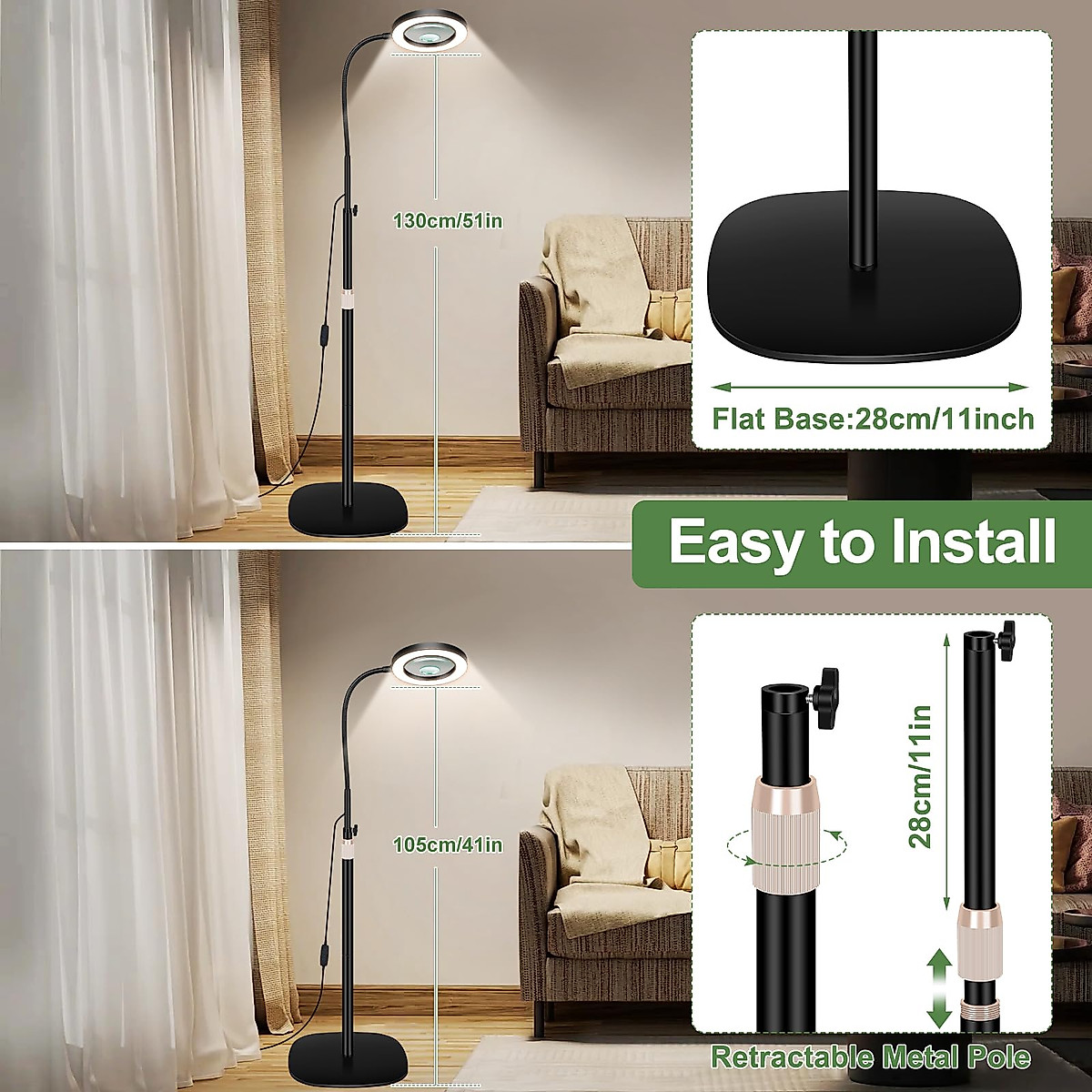 GEYOTAR 10X&5X Magnifying Glass with Light, 3-in-1 Magnifying Floor Lamp, Flexible Goose Neck, 3 Color Modes 10 Levels Dimmable LED Lighted Magnifier Lamp for Home Office Close Wrok Reading Hands Free