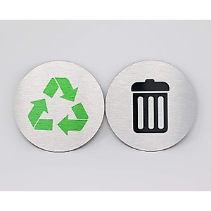 Metal Trash & Recycling Signs | Garbage & Recycling Bin Marker | Set of 2 - 1 Black Trash Sign & 1 Green Recycle Sign | 3" Round, Brushed Silver Aluminum Signs | Made in USA