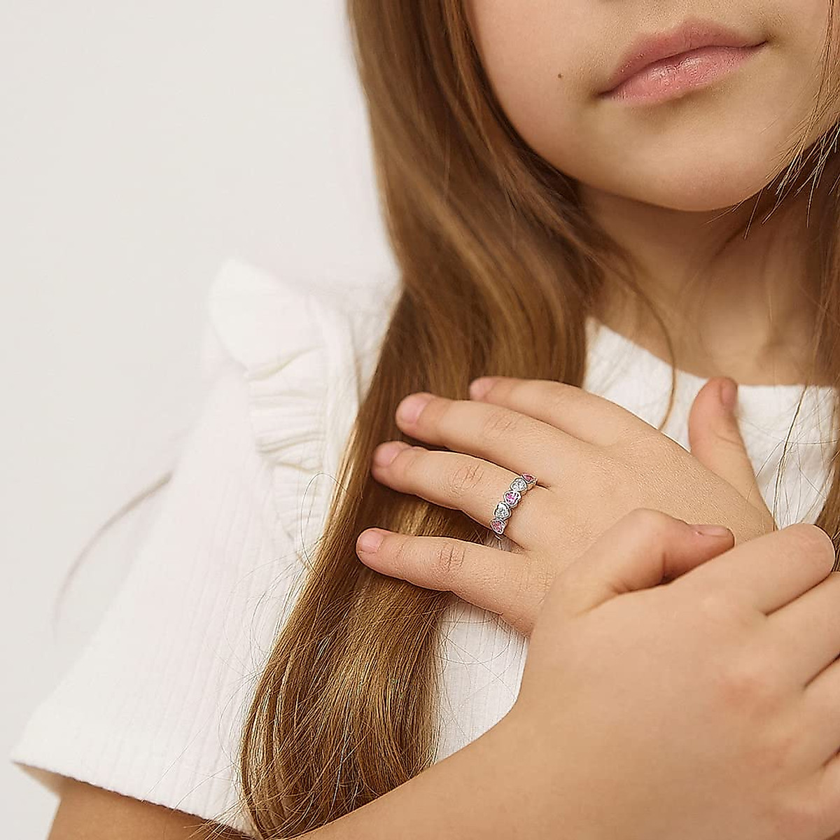 925 Sterling Silver Size 3 Pink & Clear Hearts Cubic Zirconia Ring Band for Little Girls - Cute Heart CZ Ring Band for Children's Daily Accessory - Fashionable Jewelries for Toddlers & Young Girls