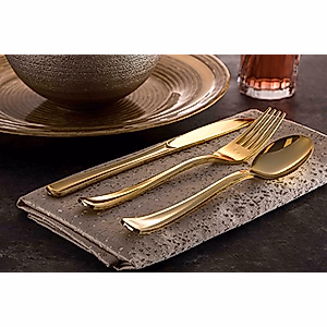 300 Gold Disposable Plastic Flatware Set - 100 Forks, 100 Spoons, 100 Knives - Heavy Duty Silverware for Party Bulk