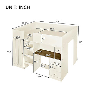 Wood Full Size Loft Bed with Built-in Wardrobe, Desk, Storage Shelves and Drawers,for Kids Teens Adults Bedroom