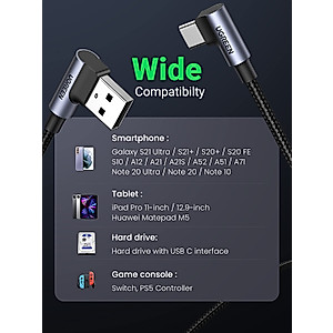 UGREEN USB to USB C Cable 90 Degree USB C Fast Charging Cord Compatible with iPhone 15/15 Plus/15 Pro/15 Pro Max/Samsung Galaxy S10/S10+/Pixel 7/6a/LG G8/G7/Pixel/Switch, etc, 1.6FT