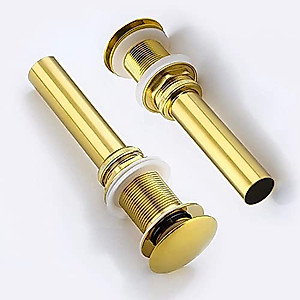 AZOS Bathroom Sink Drain Stopper Pop up Drain Without Overflow for Vessel Sink Lavatory Vanity, Brass Polished Gold Anti-Clogging Drain