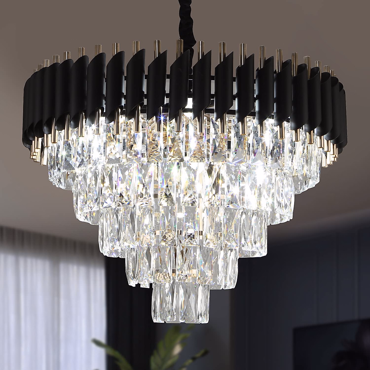 AXILIXI Crystal Chandelier Contemporary, 24" Modern Living Room Chandelier, K9 Crystal Ceiling Lights Fixtures, Round 5 Tiers Pendant Lighting Chandelier Black for Entryway Dining Room Staircase