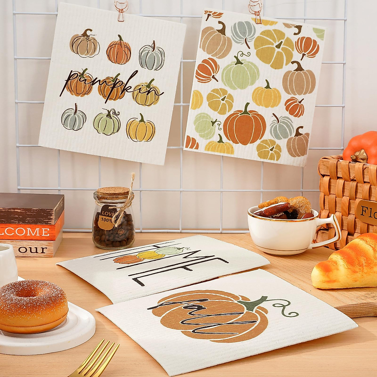 AnyDesign Fall Pumpkin Swedish Dishcloth Sweet Home Autumn Kitchen Cotton Dish Towel Reusable Washable Pumpkin Absorbent Dish Cloth for Housewarming Counter Cleaning, 4Pcs, 7 x 8 Inch