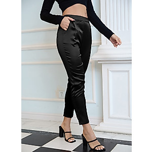 Women's Satin Silky Pants Dress Casual Pull on High Waist Pants with Pockets Drapeblack X-Large