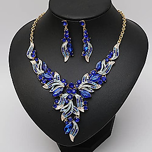 chaoyite Leaf Shape Bridal Costume Jewelry for Bride Wedding Necklace Earrings Bracelet Ring Sets Prom Dress Accessories(Royal Blue-gold tone)