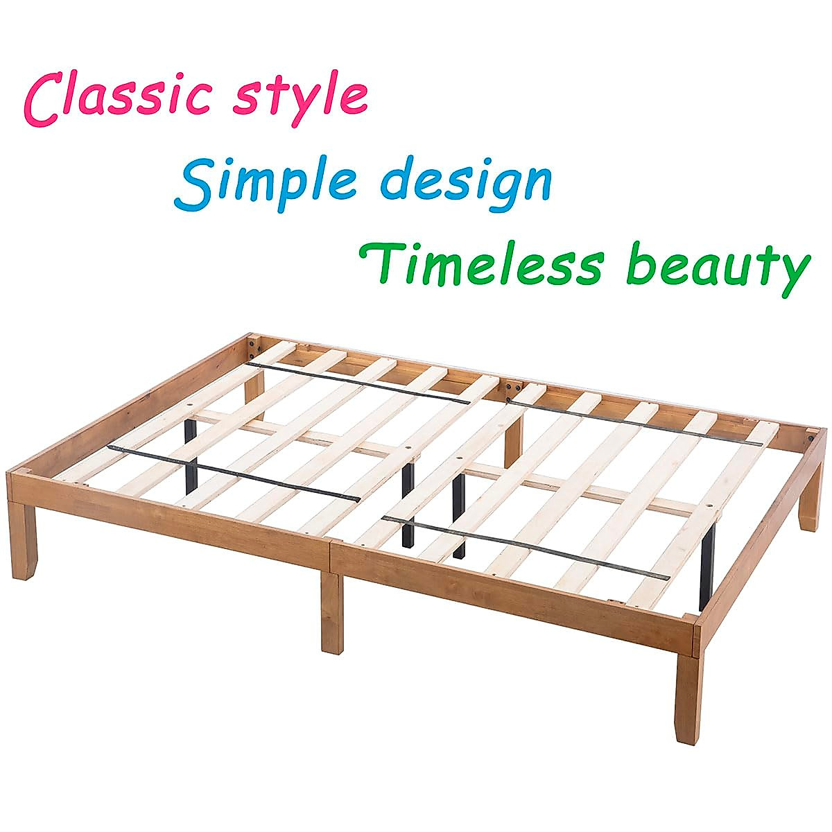 Anwick Queen Size Wood Platform Bed Frame, Classic 12 Inch High Wooden Bed with 8 Oak Legs and 6 Metal Legs,No Box Spring Needed,Easy Assembly (Queen)