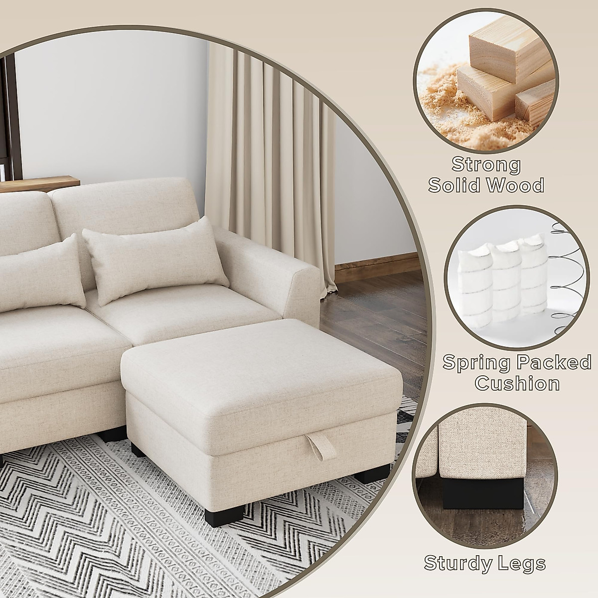 Lonkwa 130" Modular Sectional Sofa Couch, Beige Convertible L-Shaped Couch with 4 Pillow, 4 Seat Modern Fabric Modular Sectional Couch with Storage Ottoman, Sectional Couches for Living Room