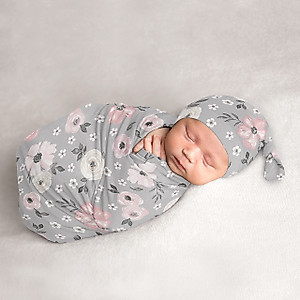 Sweet Jojo Designs Grey Watercolor Floral Baby Girl Cocoon Beanie Hat Set Jersey Stretch Knit Sleeping Bag Infant Newborn Nursery Sleep Wrap Sack - Blush Pink Gray Shabby Chic Rose Flower Farmhouse