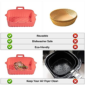 2Pcs Air Fryer Silicone Liners, Reusable Air Fryer Rectangular Pot, Fit for 8QT Air Fryer, Easy Cleaning (Red+Gray)