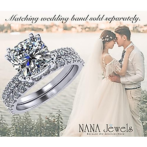 NANA Jewels Silver 8mm (3ct) Cushion Cut Pure Brilliance Zirconia Solitaire w/sides Engagement Ring-Rhodium Plated-Size 7