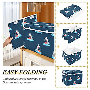 VIGTRO Large Collapsible Storage Bins with Lids Hand Drawn Shark, Summer Storage Baskets Organizer Containers with Handles for Home Bedroom Office