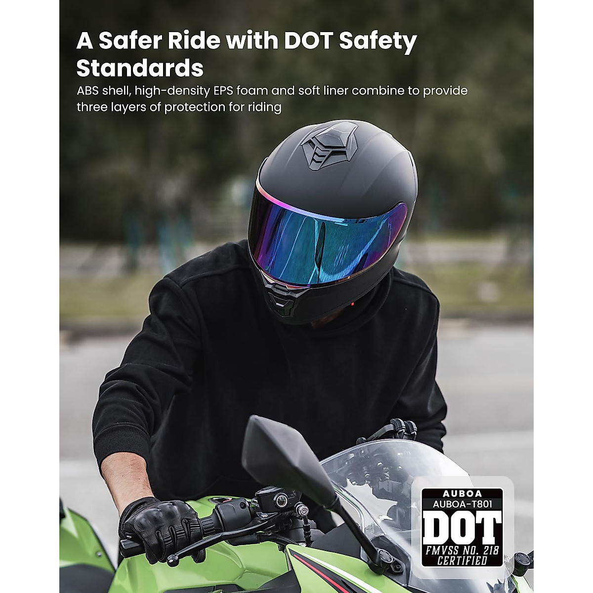 Auboa Motorcycle Helmets for Adult Men Women, Full Face Lightweight Street Bike Racing DOT Helmet with Extra Clear Visor Model AU-T801 Matte Black, 2X-Large