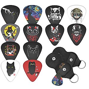 Cool Guitar Picks 12 Medium Pack with Leather Picks Holder,Unique Artistic Personalized Guitar Pick Punch for Electric Guitar Bass Acoustic Guitar Lovers Gift (Cat Medium)