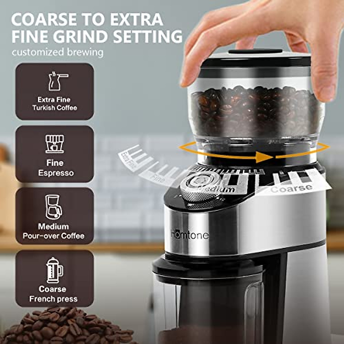 Homtone Electric Coffee Grinder Conical Burr, Adjustable Stainless Steel Burr Coffee Grinder with 14 Precise Grind Setting, 12 Cup Coffee Grinder for Espresso, Drip Coffee, French Press