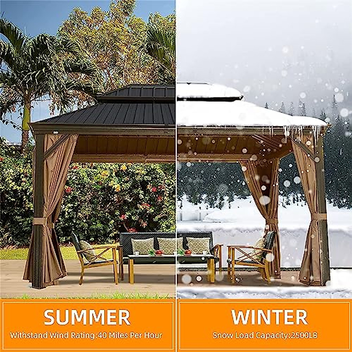 Goohome Hardtop Gazebo 10 x12FT, Aluminum Frame Double Roof Gazebo with Mosquito Net and Curtains, Steel Hard Top Waterproof Pergola for Shade and Rain for Lawn, Backyard, Deck, Patio