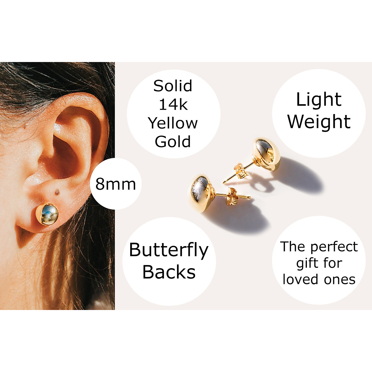 Silver Smile - 14K Solid Yellow Gold Ball Earrings for Women and Girls, Light Weight Studs, Attractive Butterfly Back Design, Ideal Gift for Loved Onces, Comes in 3mm/ 4mm/ 5mm/ 6mm/ 7mm/ 8mm