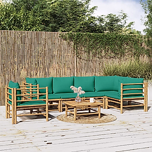 vidaXL 7 Piece Bamboo Patio Lounge Set with Green Cushions - Outdoor Furniture Set with Comfortable Backrest and Armrest, Modular Design