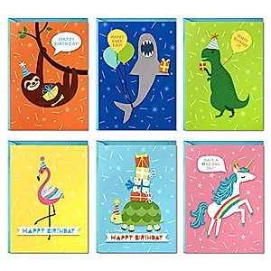 Hallmark Birthday Cards for Kids Assortment, 48 Cards with Envelopes (Dinosaurs, Sloths, Unicorns, Flamingos, Turtles, Sharks)