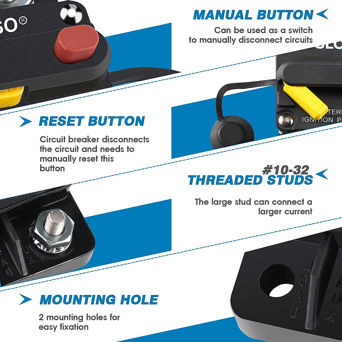 GLOSO Circuit Breaker 50 A E69 for Marine Truck Boat RV Automotive Mid Range Mini T3 Manual Reset Switchable Compact Medium IP66 (50 A)