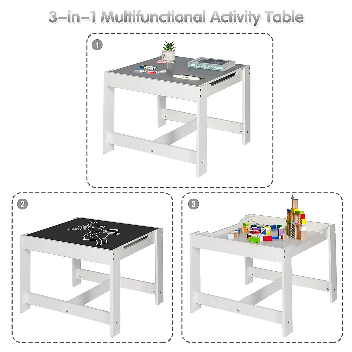 3 in 1 Kids Wood Table and 2 Chairs Set ,Multi Activity Table and Chair with Storage Children Play Desk for Building Blocks Reading Drawing Art Playroom (Gray)