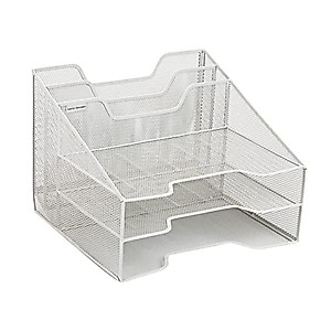 Mind Reader Network Collection, 3-Tier, 5-Compartment Desktop Organizer with 2 Vertical File Holders and 3 Horizontal Paper Trays, Desktop Organizer, Metal Mesh, White