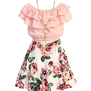 Cold Shoulder Crop Top Ruffle Layered Top Flower Girl Skirt Sets for Big Girl Blush 12 JKS 2130S