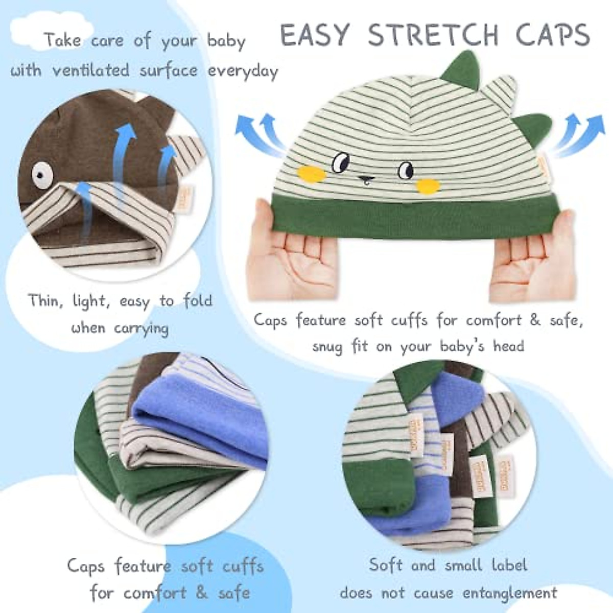 DOKMA Organic Cotton Toddler Hat Set 4 with Cute Dinosaur Design for Baby Boy, Baby Girl 0-6 Months