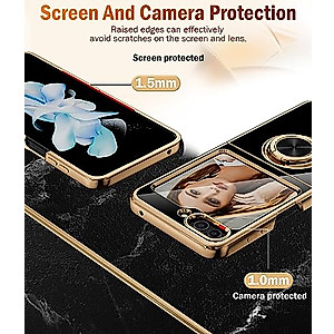Jasmeas for Galaxy Z Flip 5 Case for Women Girl, Luxury Soft Back Cover with Ring Holder Plating Rose Gold Edge 360° Kickstand Slim Flexible Phone Case for Samsung Galaxy Z Flip5 (2023), Black