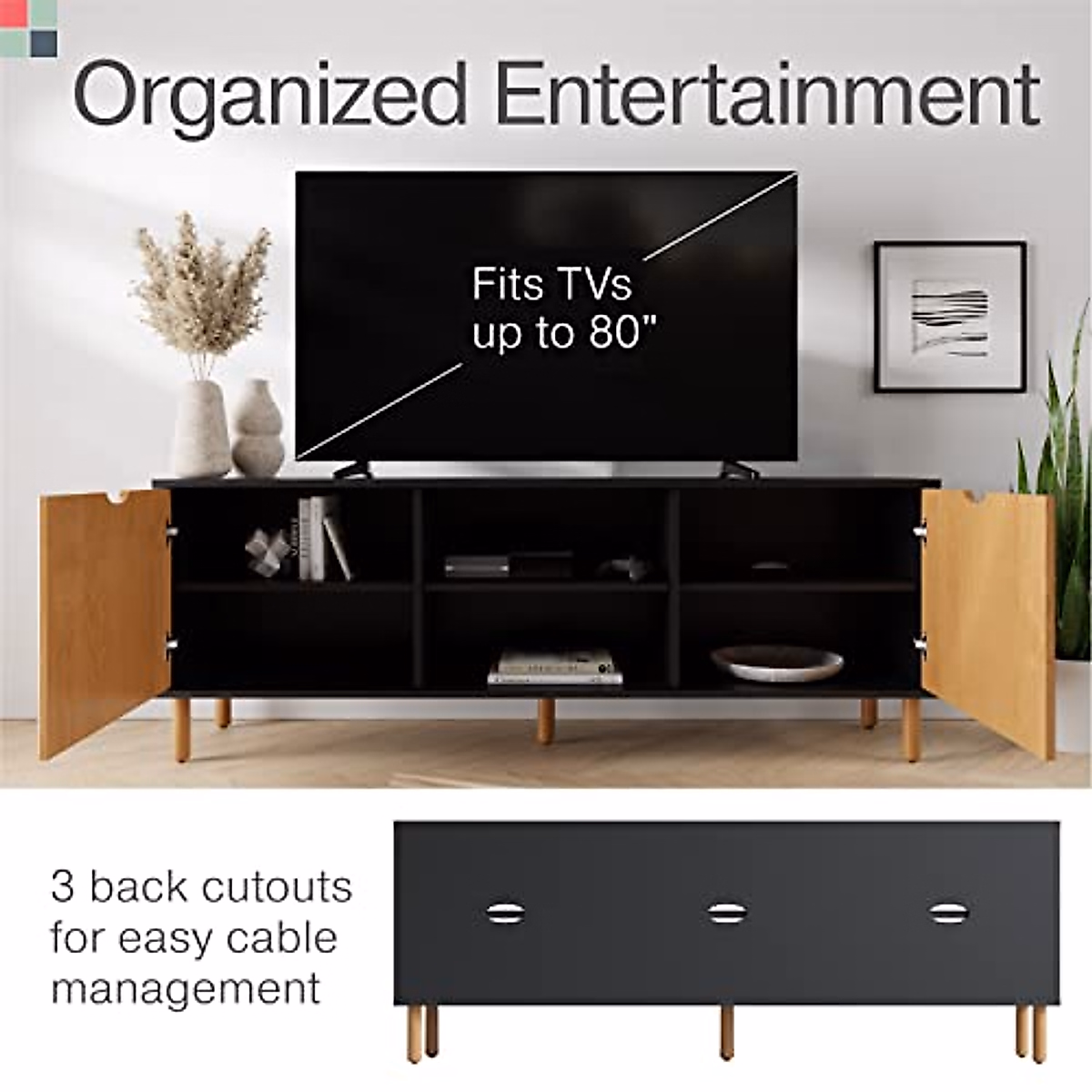 Stead Contemporary Fluted TV Stand 2023 Collection- 70” Entertainment Center Console Table with Storage for Living Room - Fits 32 to 80" TVs (Black and Oak)