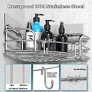 3 Pack Corner Shower Caddy: Stainless Steel No-drilling Bathroom Organizer for All 90° Corners- Installed in Minutes, Heavy Duty Shower Shelves for Storage- 6 Metal Hooks with Caps, 2 Extra Adhesives