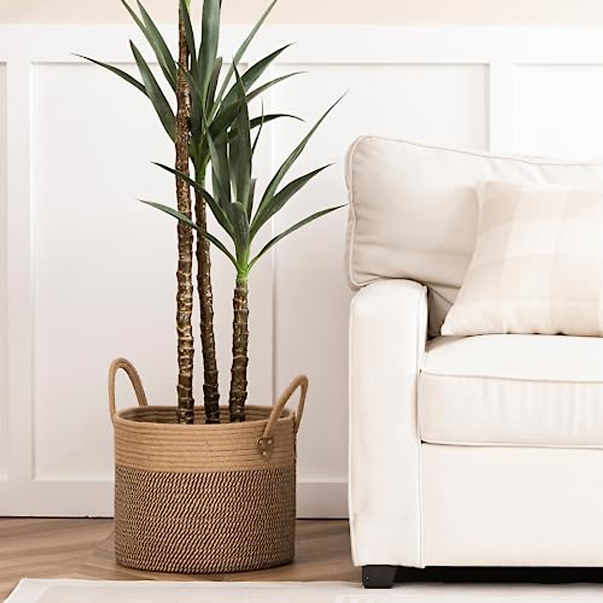 joybest Woven Storage Basket with Handle, Wicker Basket for Organizing, Jute Basket for Plant, Boho Decorative Basket For Blanket Toy Shoes Clothes 14x12 Inches