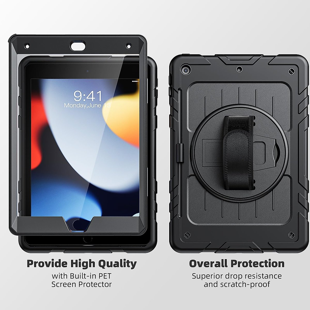 Stweap Case for iPad 9th/8th/7th Generation-Built-in Screen Protector,with Pencil Holder&360°Rotating Hand Strap,Shoulder Strap,Case for iPad 10.2 inch 2021-2019(Black)
