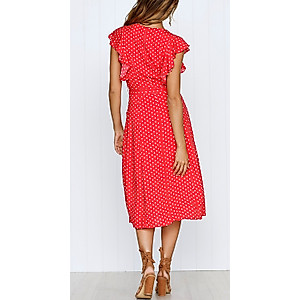 MITILLY Women's Boho Polka Dot Flutter Short Sleeve V Neck Button Down Swing Midi Dress with Pockets Medium Red