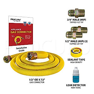 PROCURU 1/2" OD x 72" Long Weatherproof Stainless Steel Gas Flex Connector Kit with Yellow SafeGuard Coating for Dryer, Water Heater, Bbq Grill