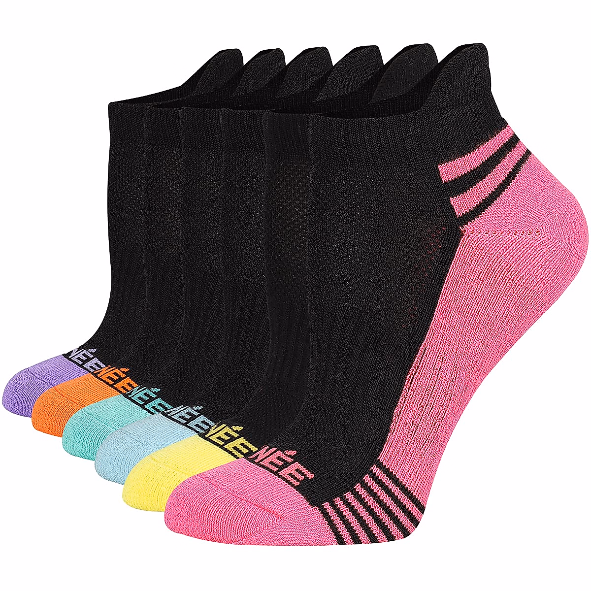 JOYNÉE Womens Low Cut Athletic Socks Heel Tab Colorful Cushioning Ankle Casual Socks 6 Pairs, Black, Size 9-11