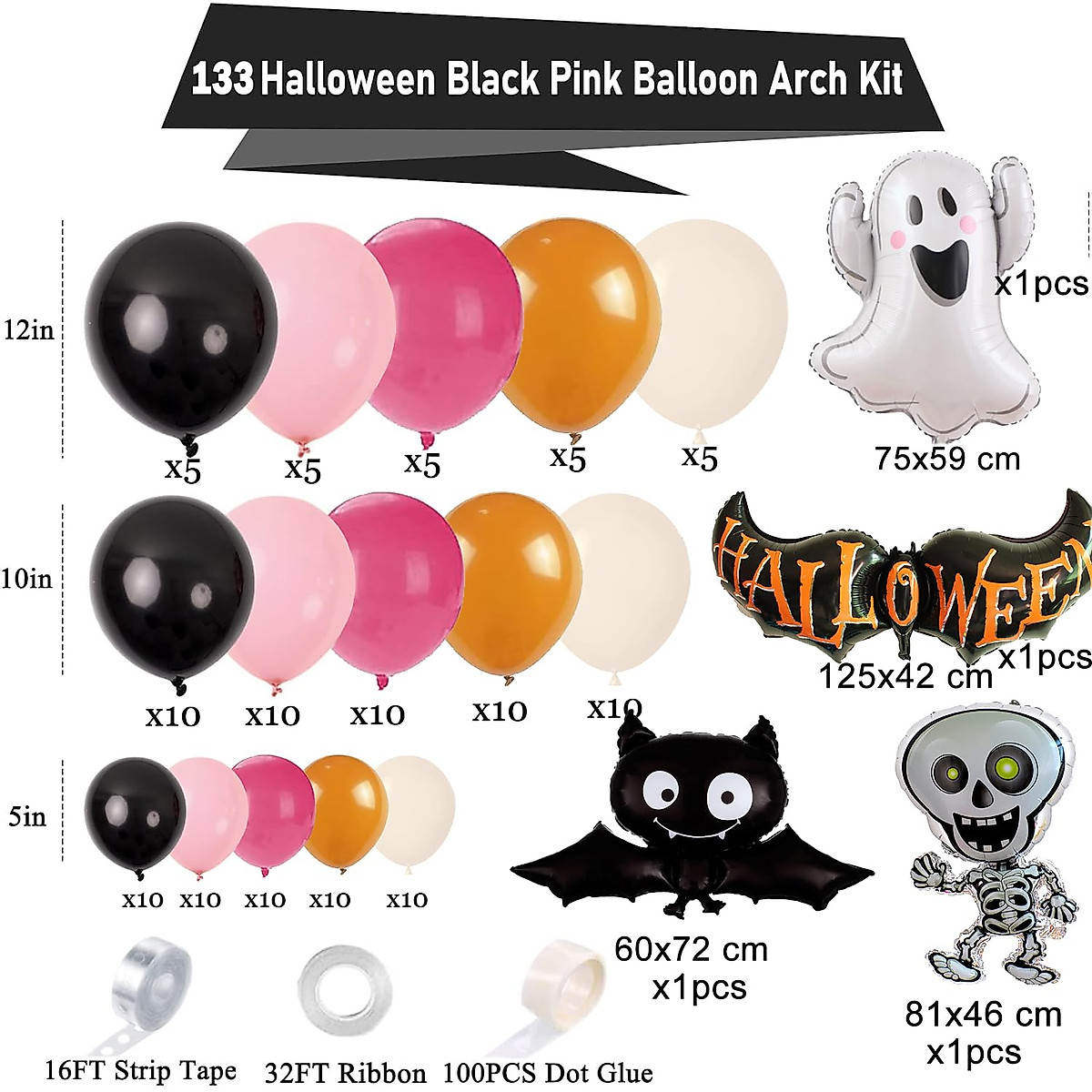 Hot Pink Halloween Balloon Garland Arch Kit,133Pcs Black Orange Pink Sand White Balloons Large Wings Ghost Skeleton Bat Foil Balloons for Kids,Family,Halloween Party Background Cosplay Theme Party