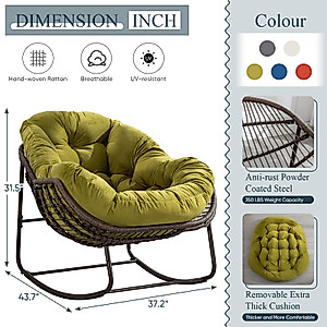 Outdoor Rocking Chair, Patio Oversized Rattan Egg Rocking Chair, Indoor Outside Padded Cushion Rocker Recliner Chair, Modern Lounge Chair for Front Porch, Garden, Backyard, Balcony, Deck, Olive Green
